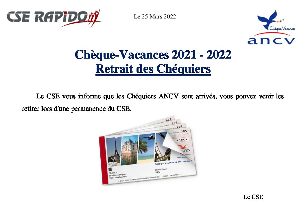 Cheque Vacances 2021 Retrait Chequiers - CSE Rapido